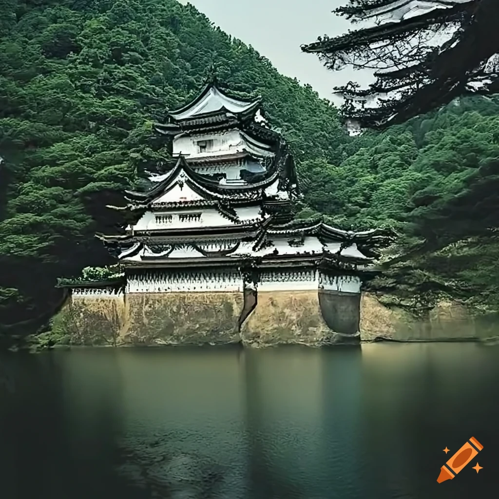 Japanese style fortress on a cliff surrounded by pine forests on Craiyon