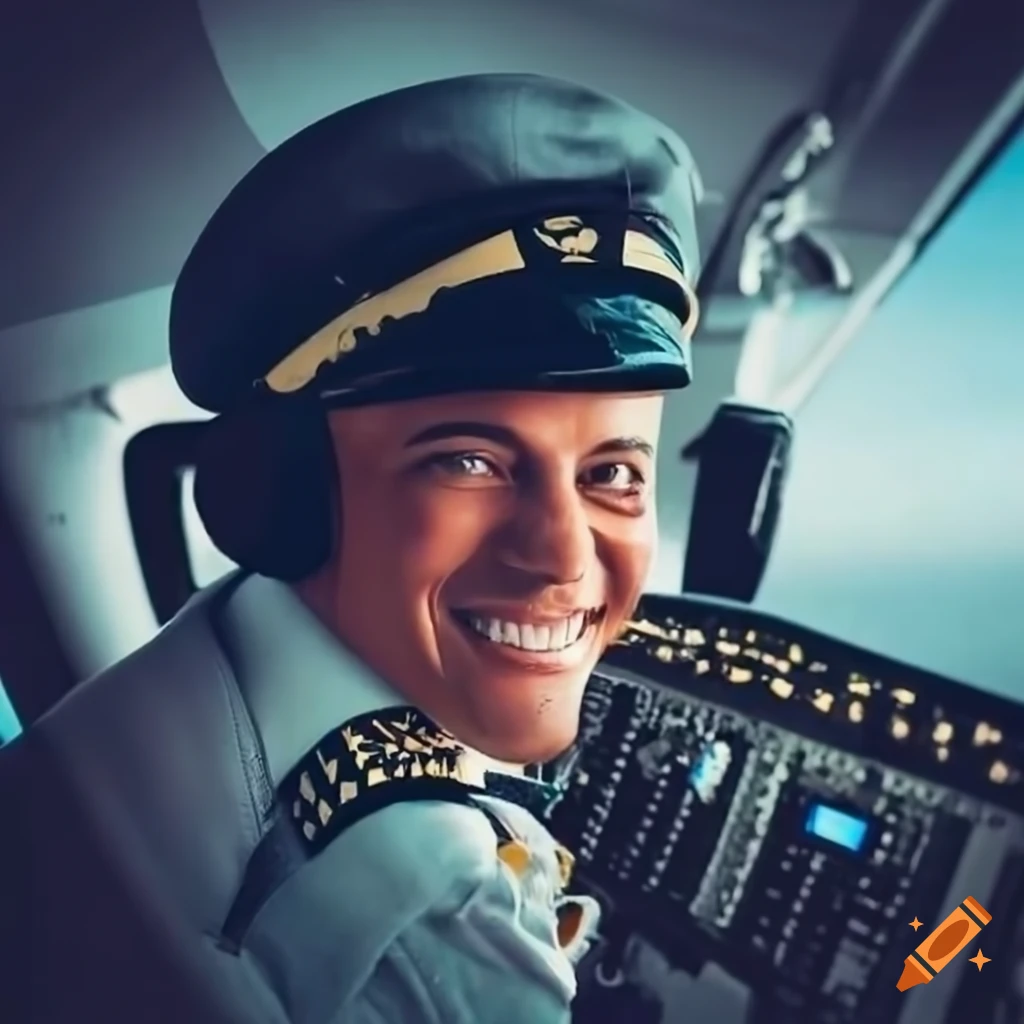 Smiling pilot in airplane cockpit on Craiyon