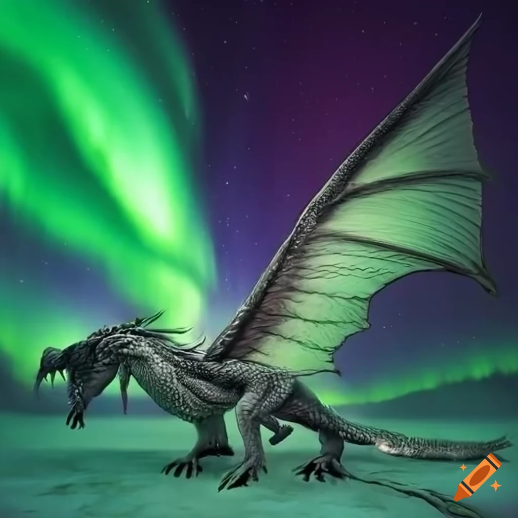 Silver dragon stretching its wings under the northern lights on Craiyon