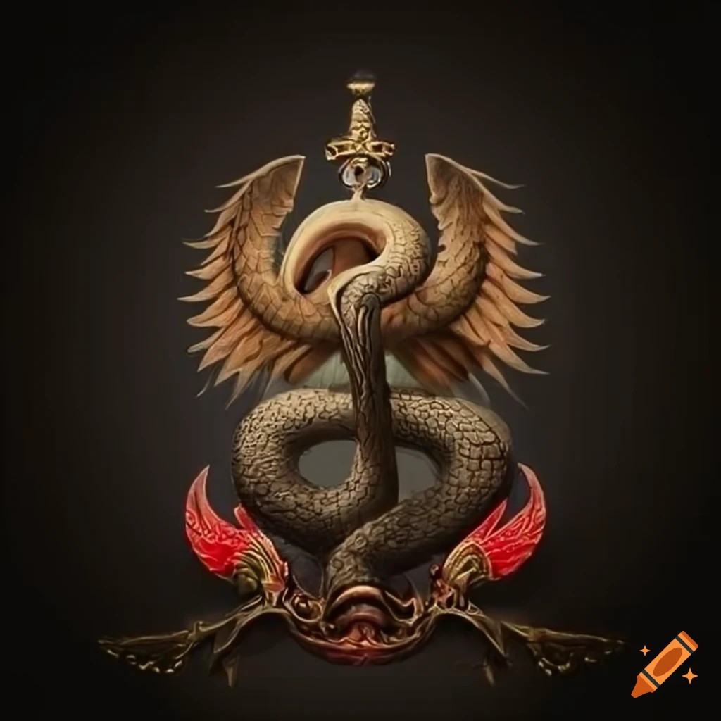 Snake with wings holding a dagger on a dark royal crest on Craiyon