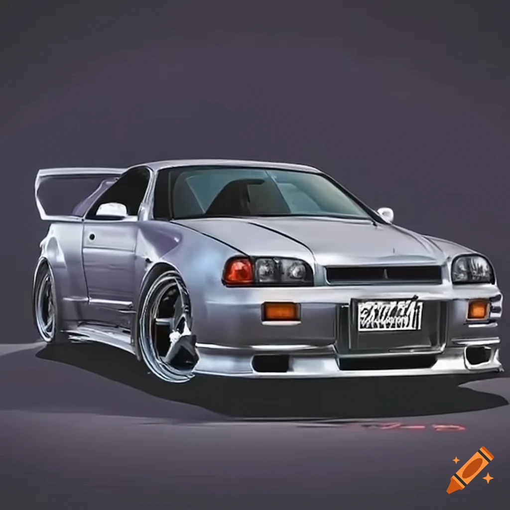 Silver Nissan Skyline R34 on a winding mountain pass on Craiyon