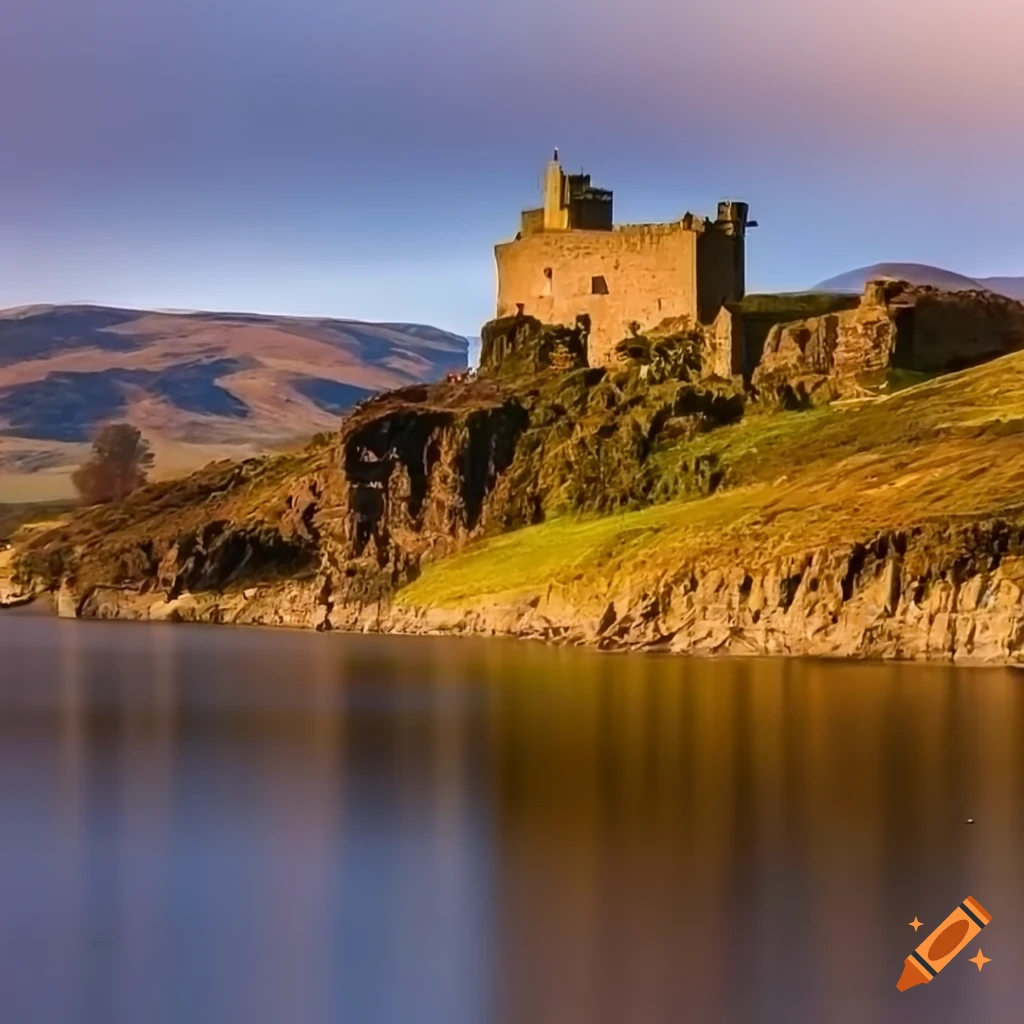 Scottish loch with castle surrounded by cliffs on Craiyon