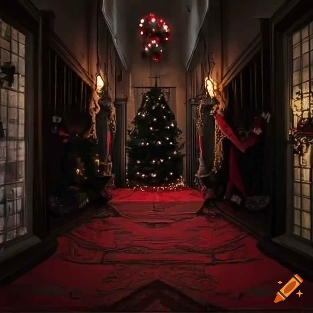Dark christmas-themed hallway on Craiyon