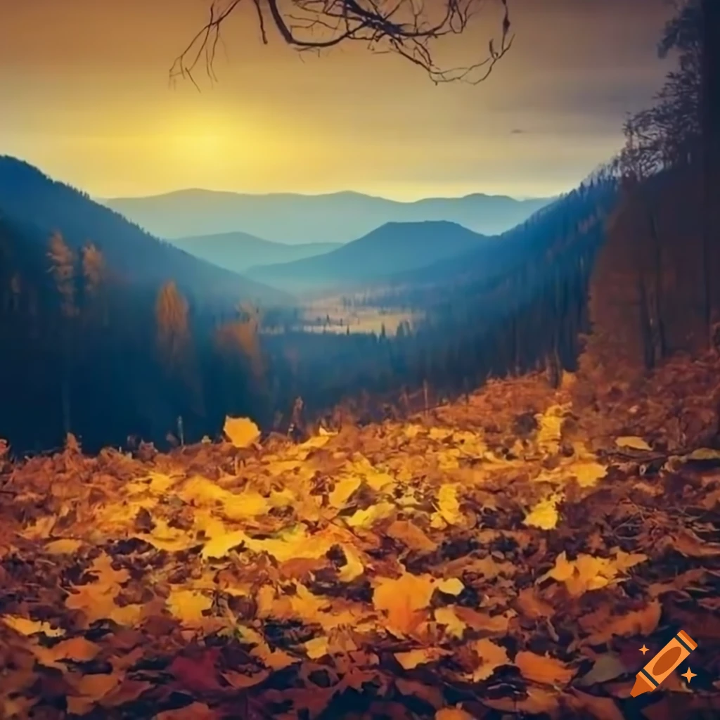 Fall forest with fallen leaves, birch trees, and evergreen mountains on ...