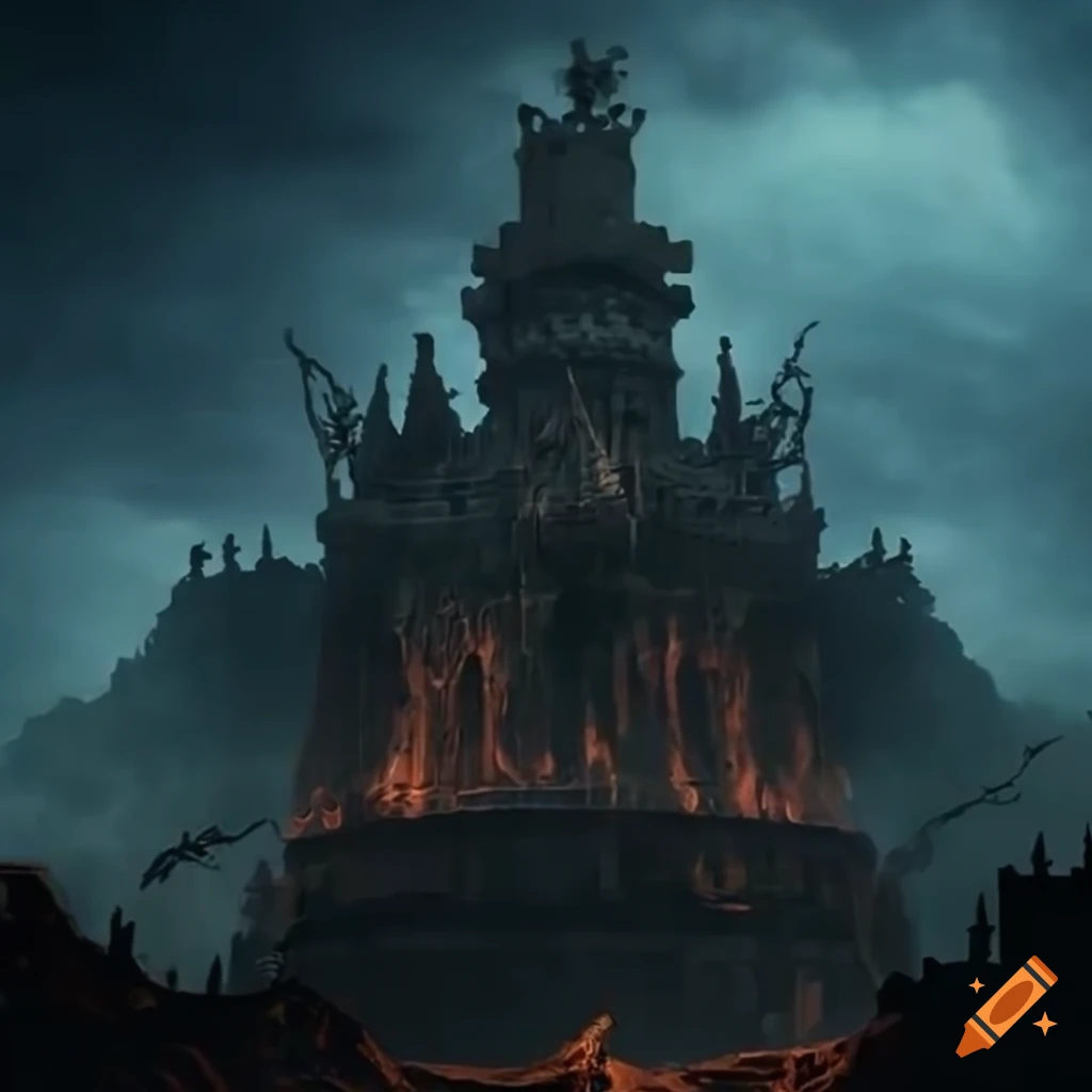 Facade of a palace with fire, dark light, and a storm in a fantasy ...