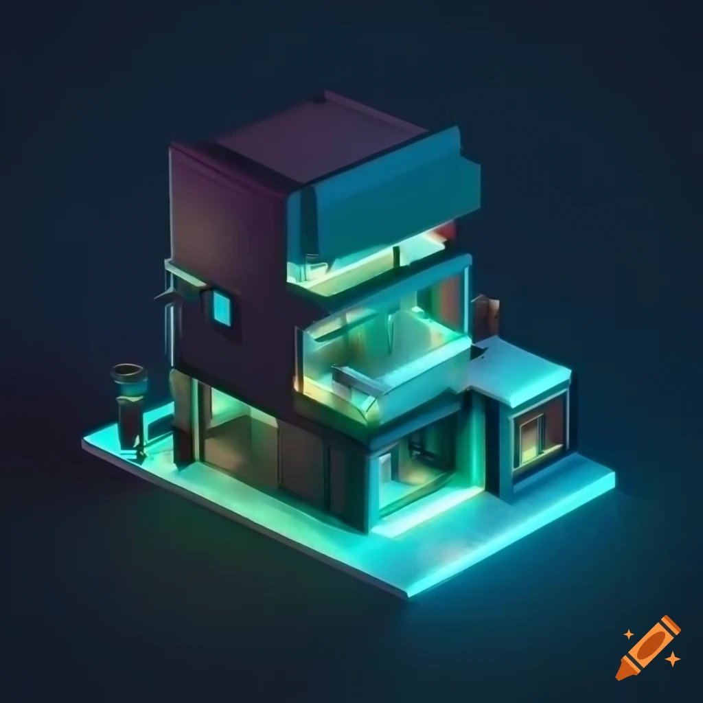 Isometric futuristic home in a hyper-realistic night view on Craiyon