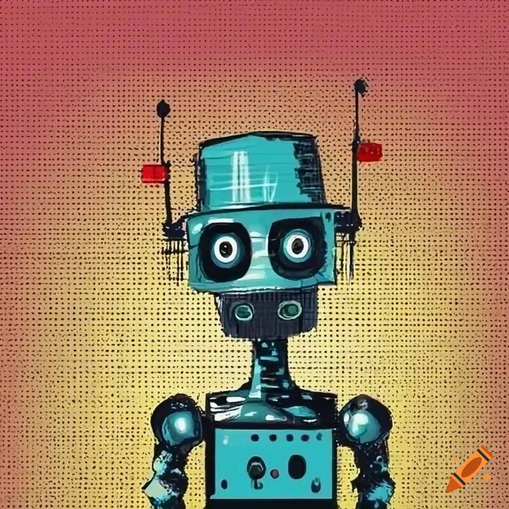 Pop art robot in a colorful cityscape on Craiyon