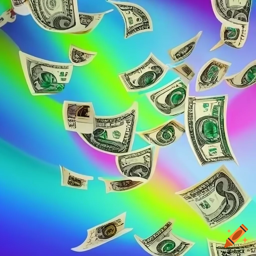 Flying dollars on a rainbow background on Craiyon