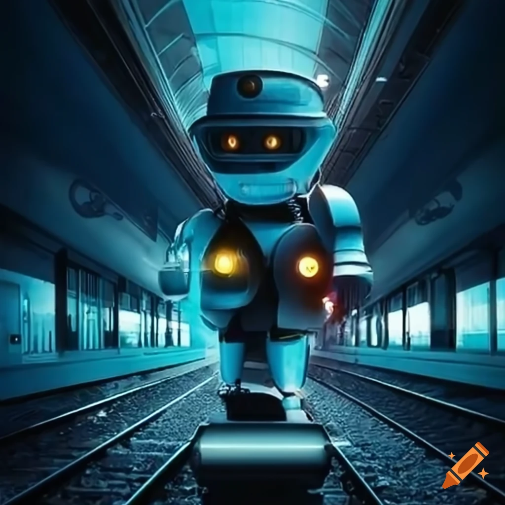 Robot riding a train on Craiyon