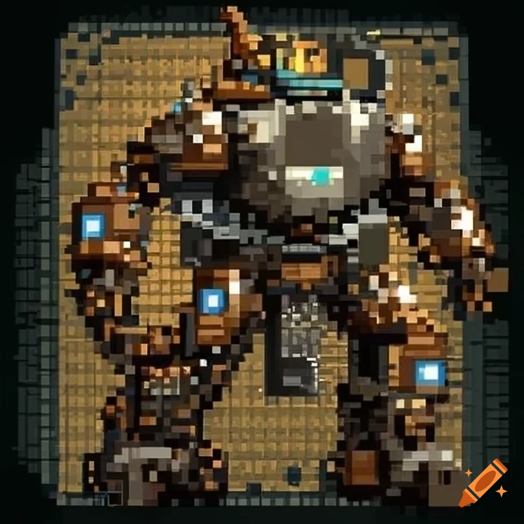 Pixel art of a steampunk mecha on Craiyon