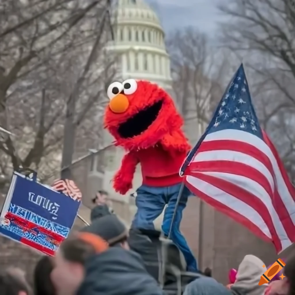 Elmo with a red trucker hat and american flag protesting at the capitol ...