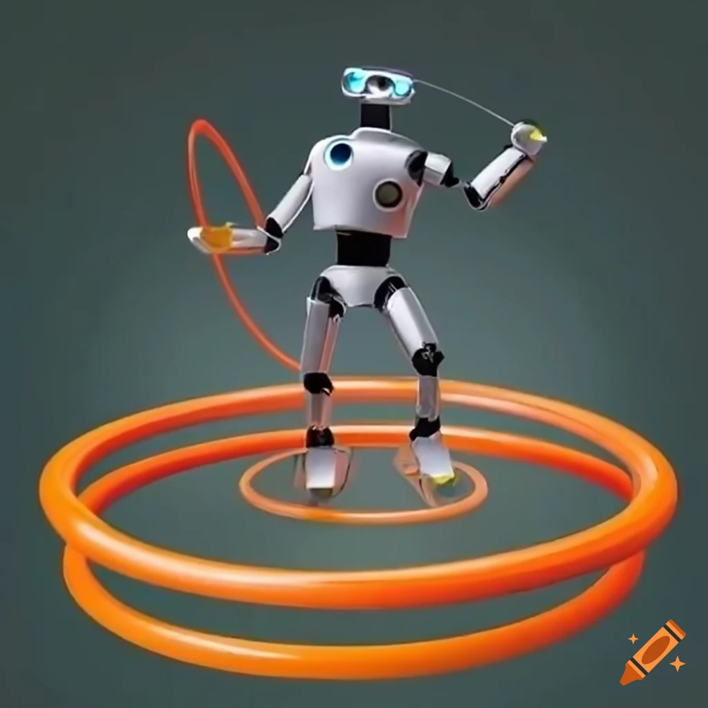 Robot playing with an orange hula hoop and conducting music on Craiyon