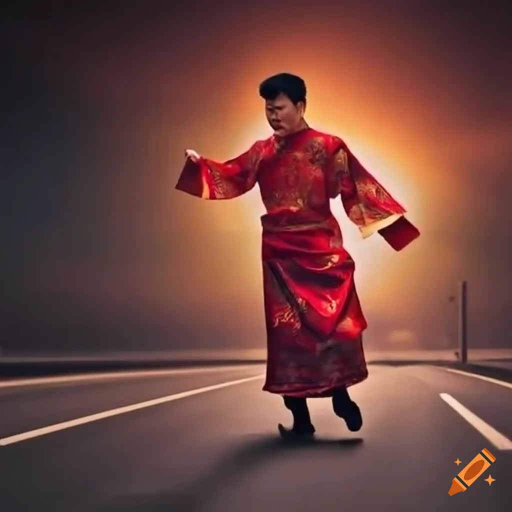 Man in traditional chinese clothes running on a highway on Craiyon