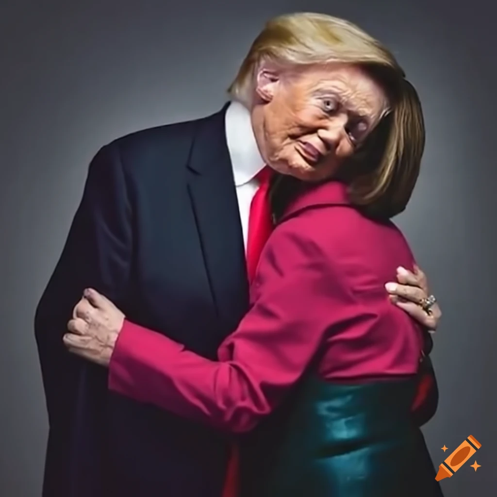 Satirical artwork of trump and pelosi hugging on Craiyon