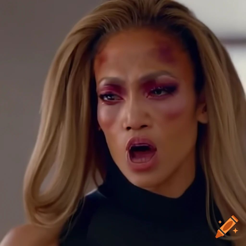 Stunned jennifer lopez with bruised face in a movie scene on Craiyon