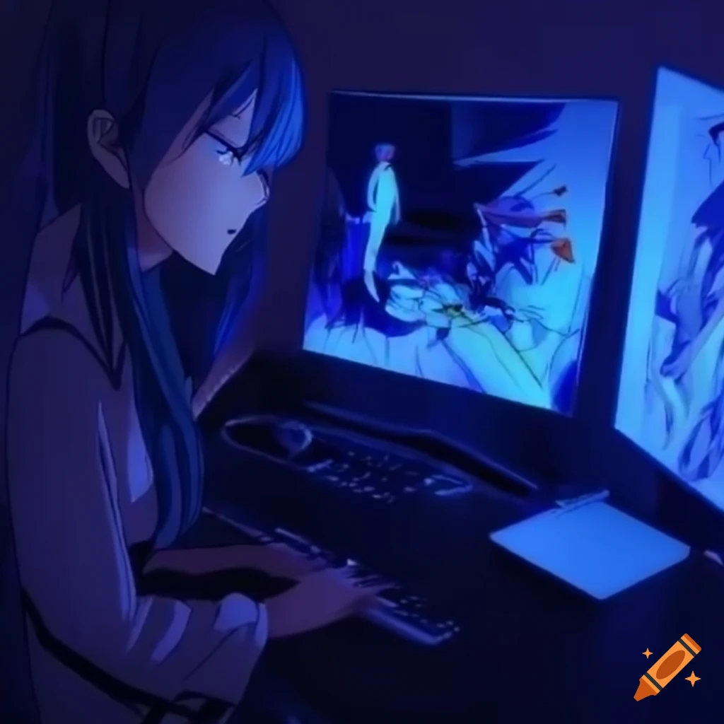 Anime style illustration of yukihana playing on a computer on Craiyon