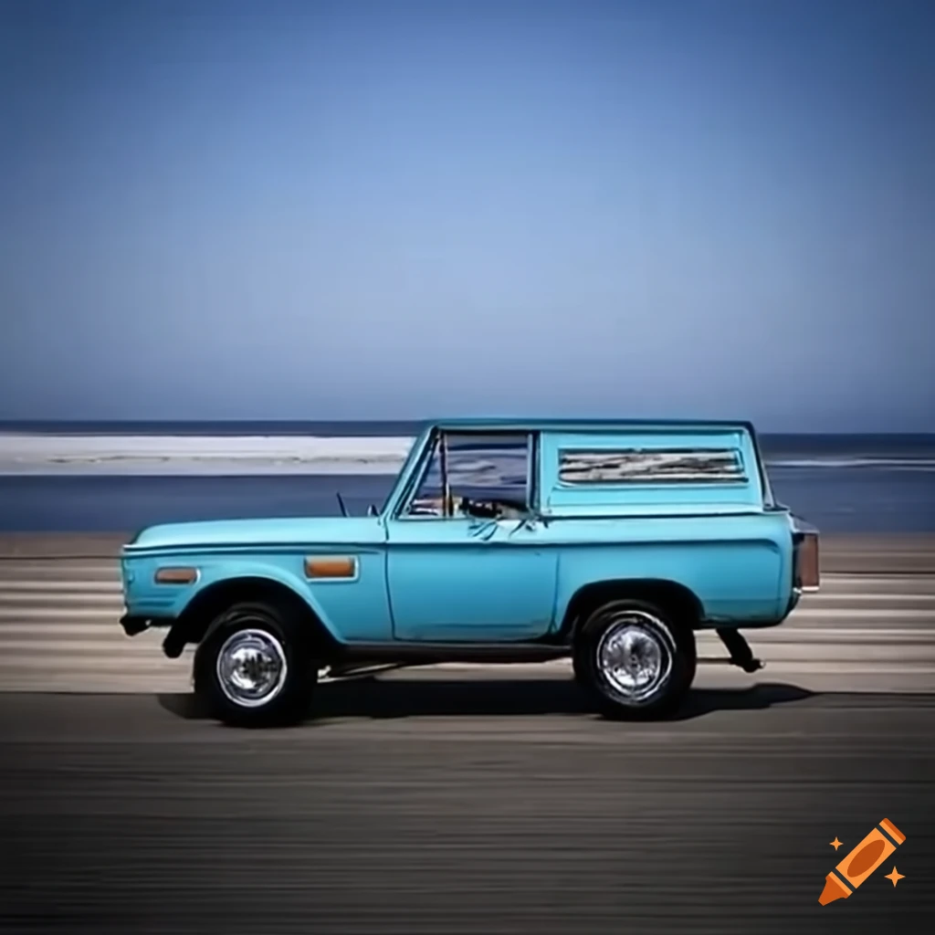 Baby blue ford bronco parked at an 1980s california boardwalk on Craiyon