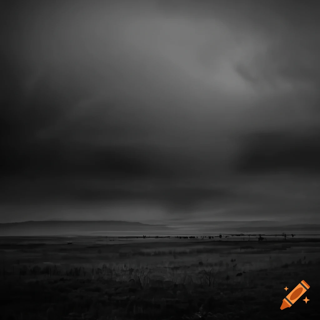 Gloomy black and white destroyed field with smog and fossil fuels on ...
