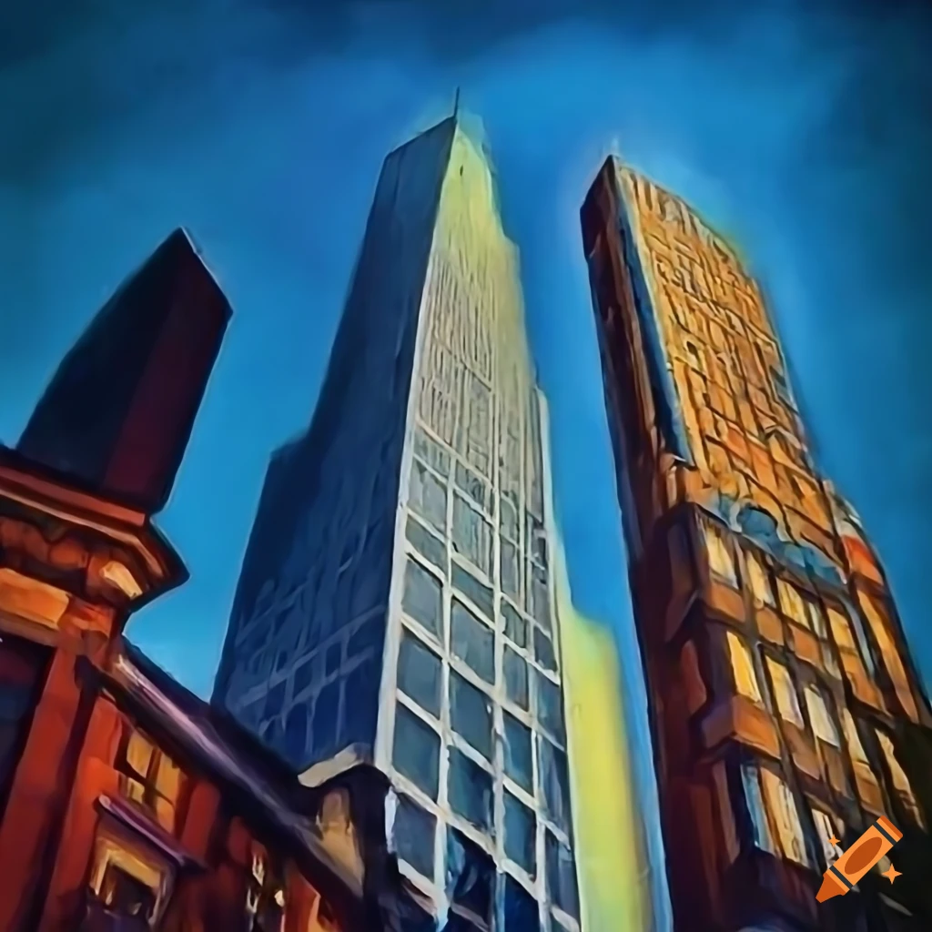 Colorful painting of a skyscraper from street level on Craiyon
