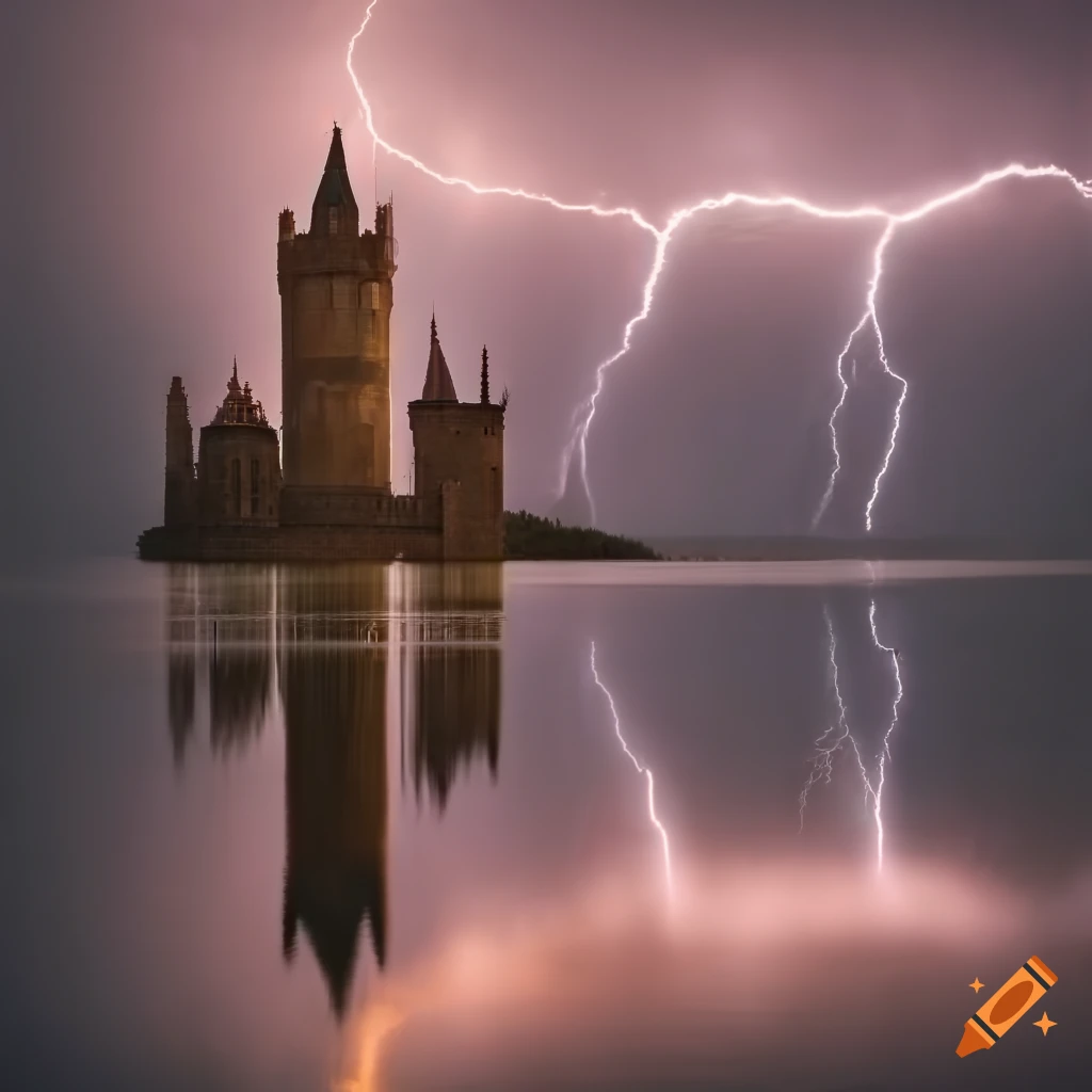 Flooded plain with medieval towers and lightning in the background on ...