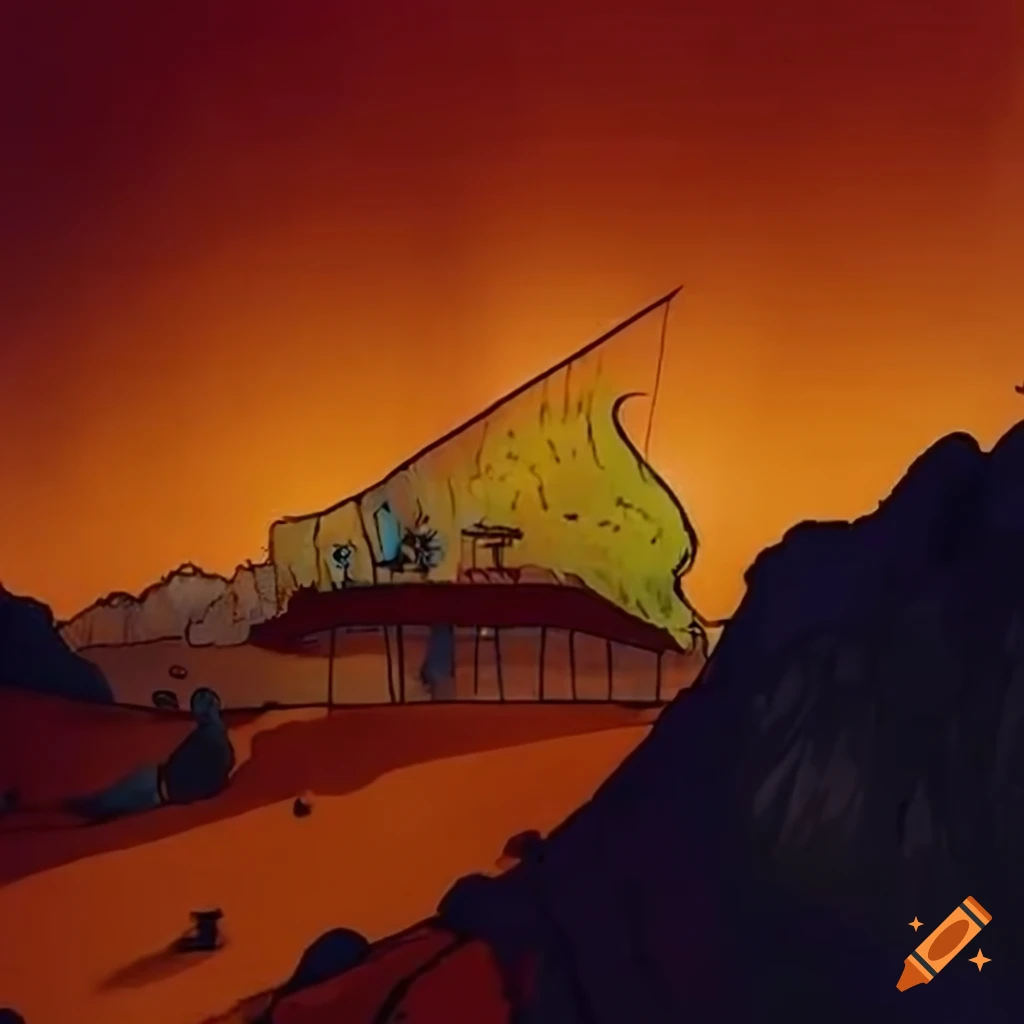 Moebius desert bistro on a hill by a grey river on Craiyon