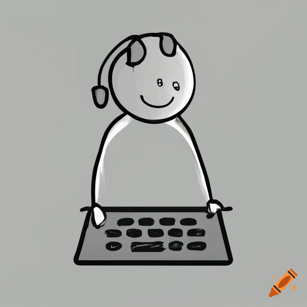 Stick figure man with headphones using a computer on Craiyon