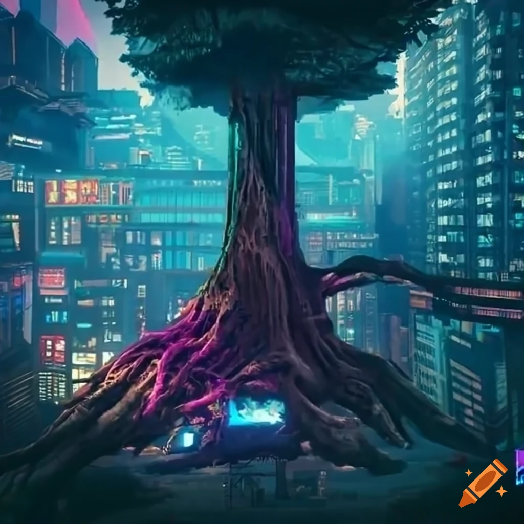 Giant tree Yggdrasil in a cyberpunk city with flying cars and ...