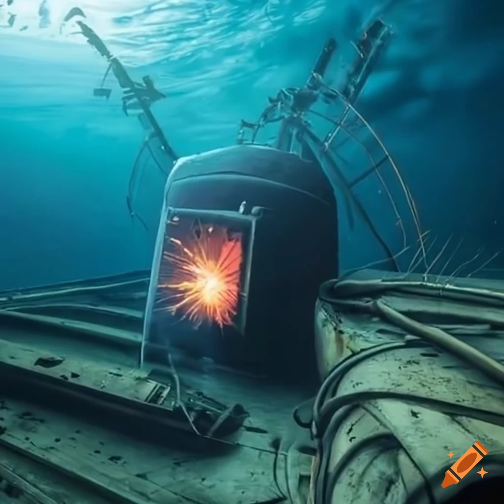 Underwater welding of a ship's hull by a welder on Craiyon