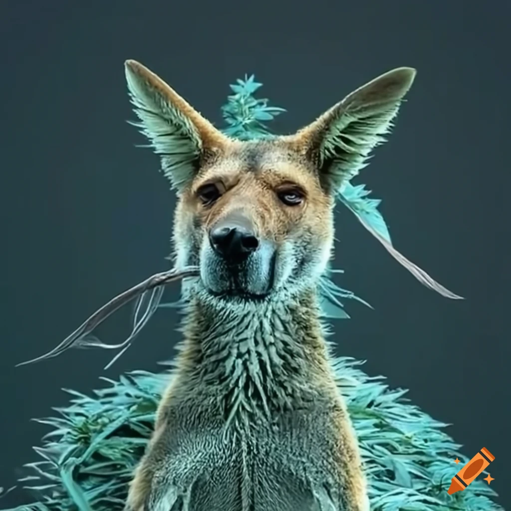 Man growing cannabis surrounded by kangaroos and dingos on Craiyon