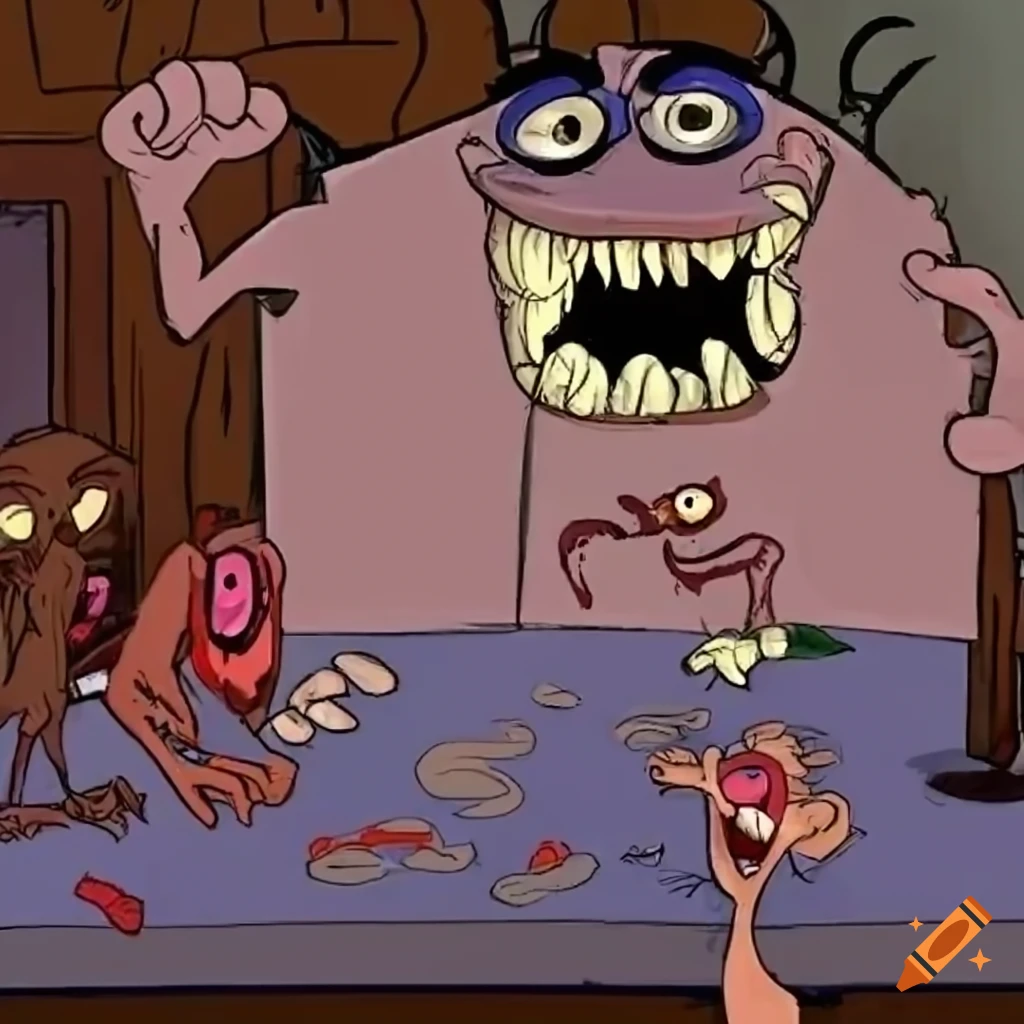 Distorted Ren and Stimpy character in a bizarre kitchen with Scary ...