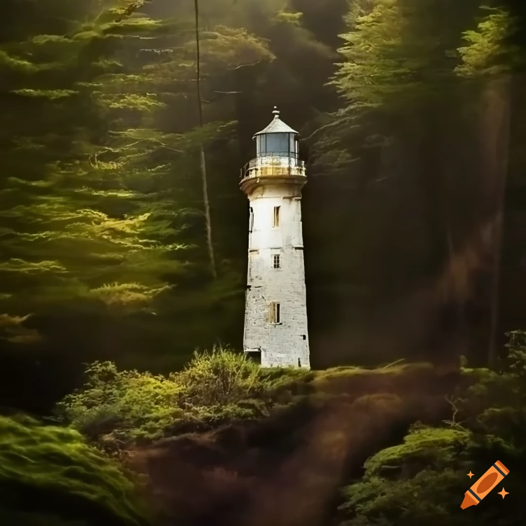 Realistic photo of a lighthouse in the far background with a clearing ...