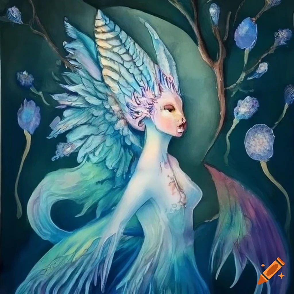 Ethereal depiction of mythical creatures in whimsical gouache painting ...
