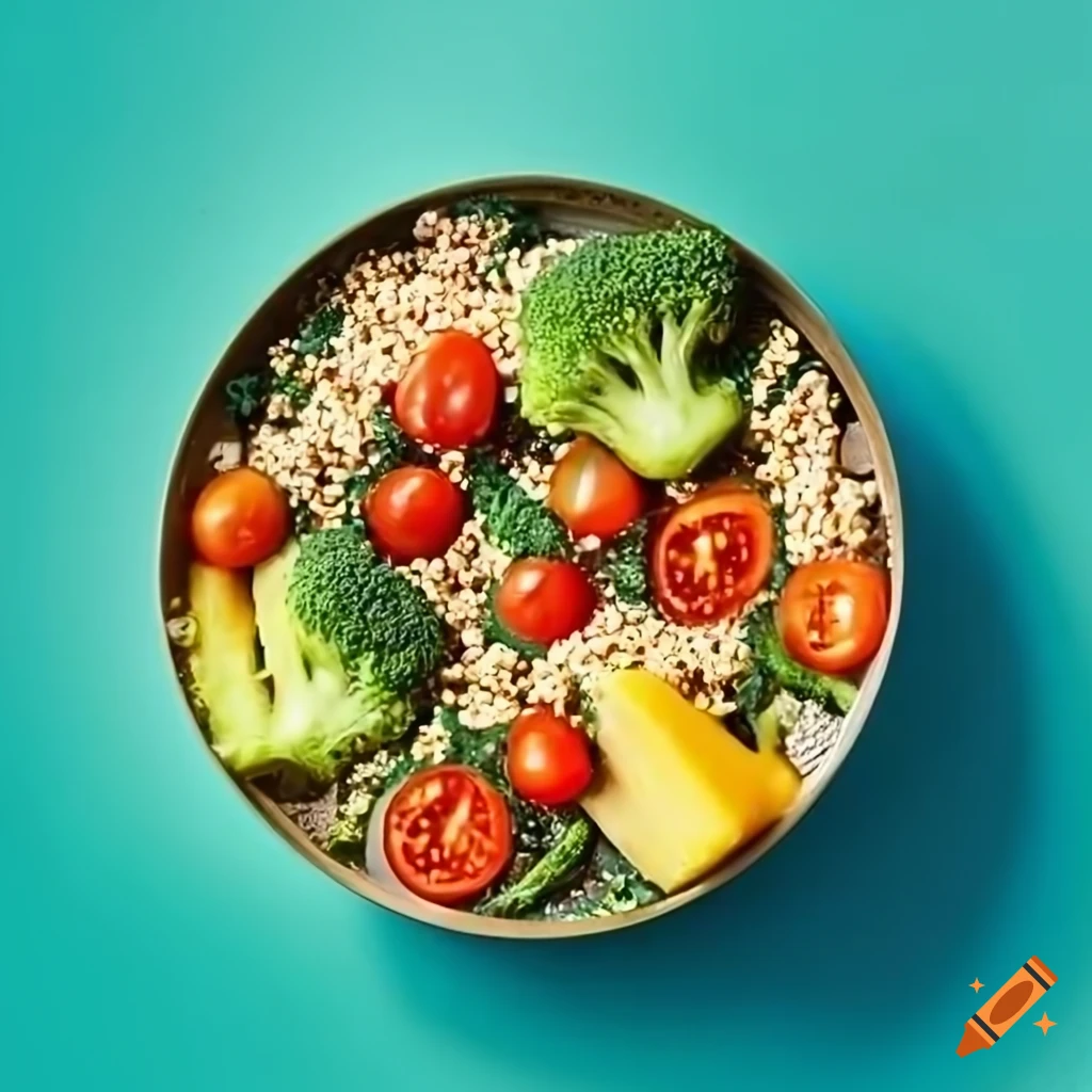 Earth-themed plant-based dish with quinoa, mixed greens, cherry ...