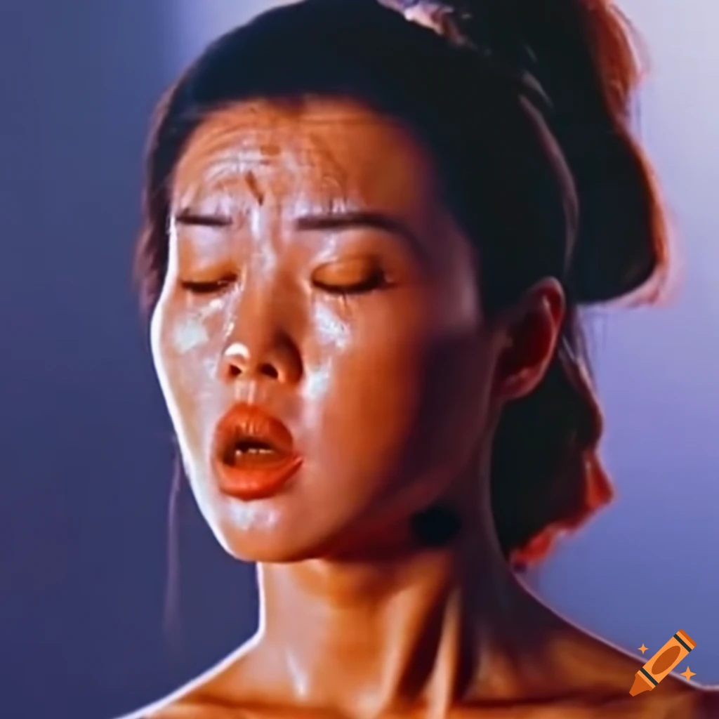 Asian woman fighter with bruised and dizzy expression in 80s movie scene on Craiyon