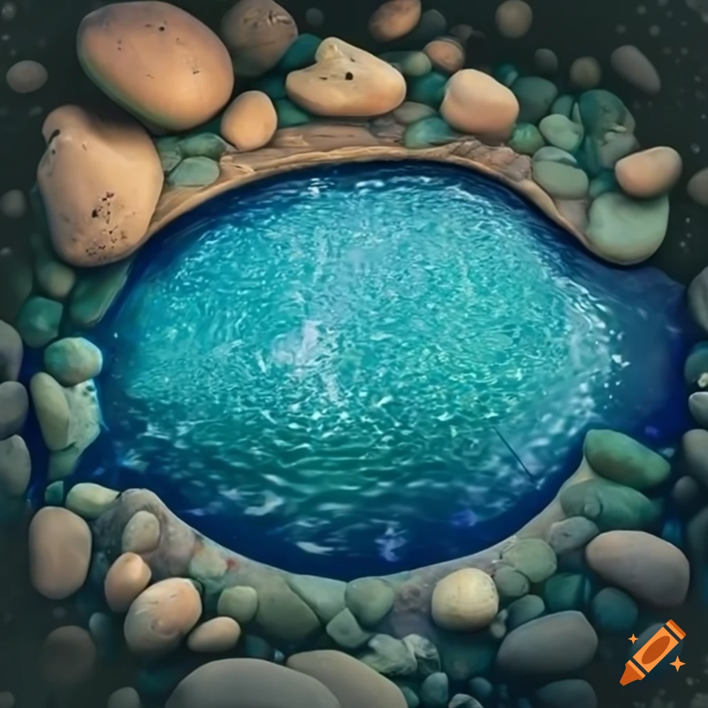 Shimmering oval pool of water surrounded by rocks on Craiyon