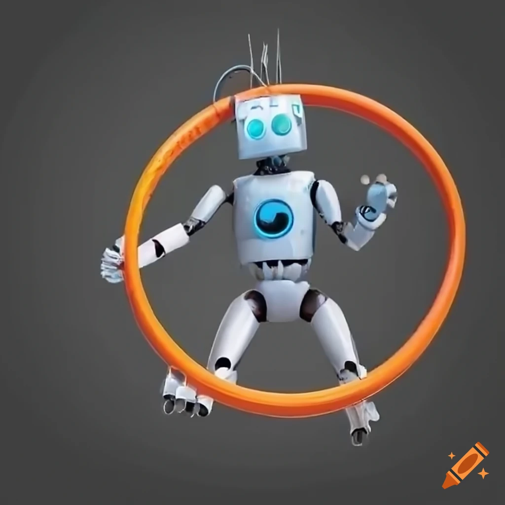 Friendly robot playing with big orange hula hoop on Craiyon
