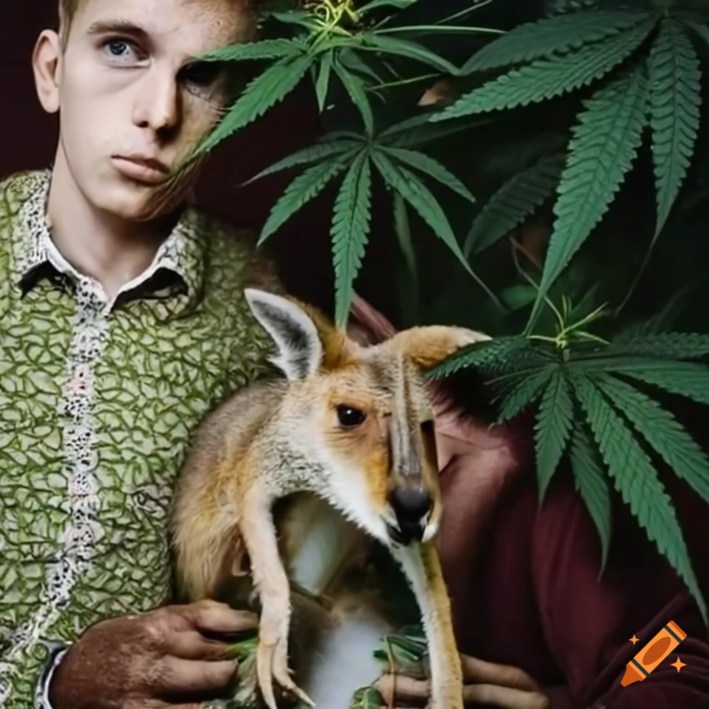 Man tending to cannabis plants with kangaroos and dingos on Craiyon