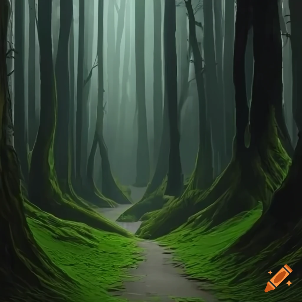 Dark and twisted forest pathway on Craiyon