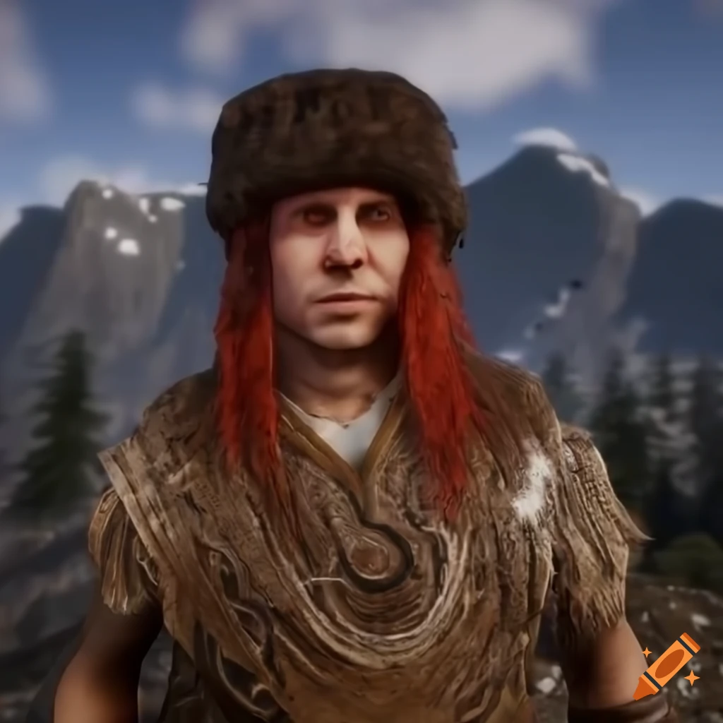 Portrait of elf man in a fantasy village with taiga forest and snow on ...