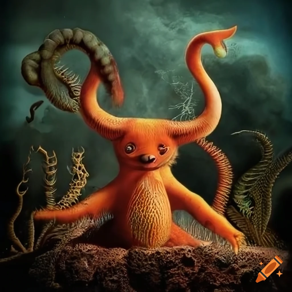 Haeckel cute animals in a volcanic earthscape on Craiyon