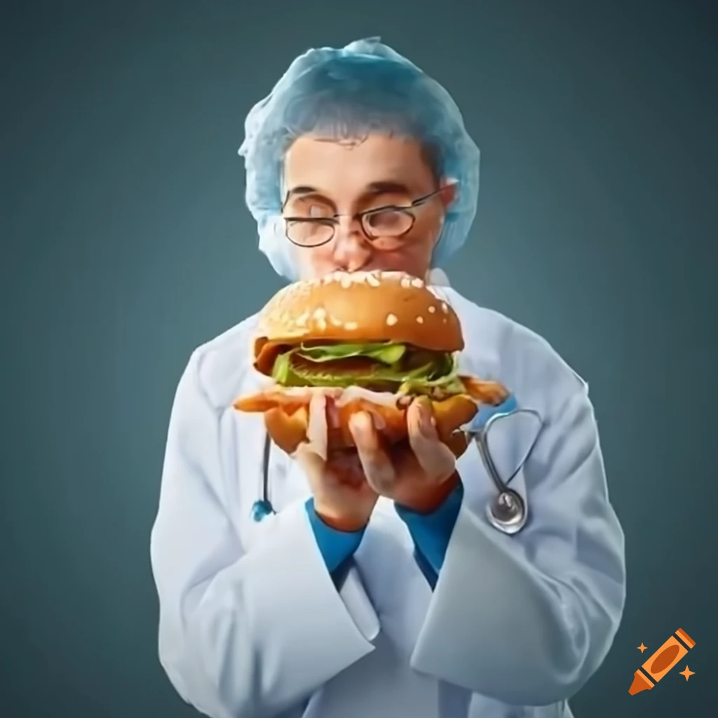 Doctor enjoying a chicken burger on Craiyon