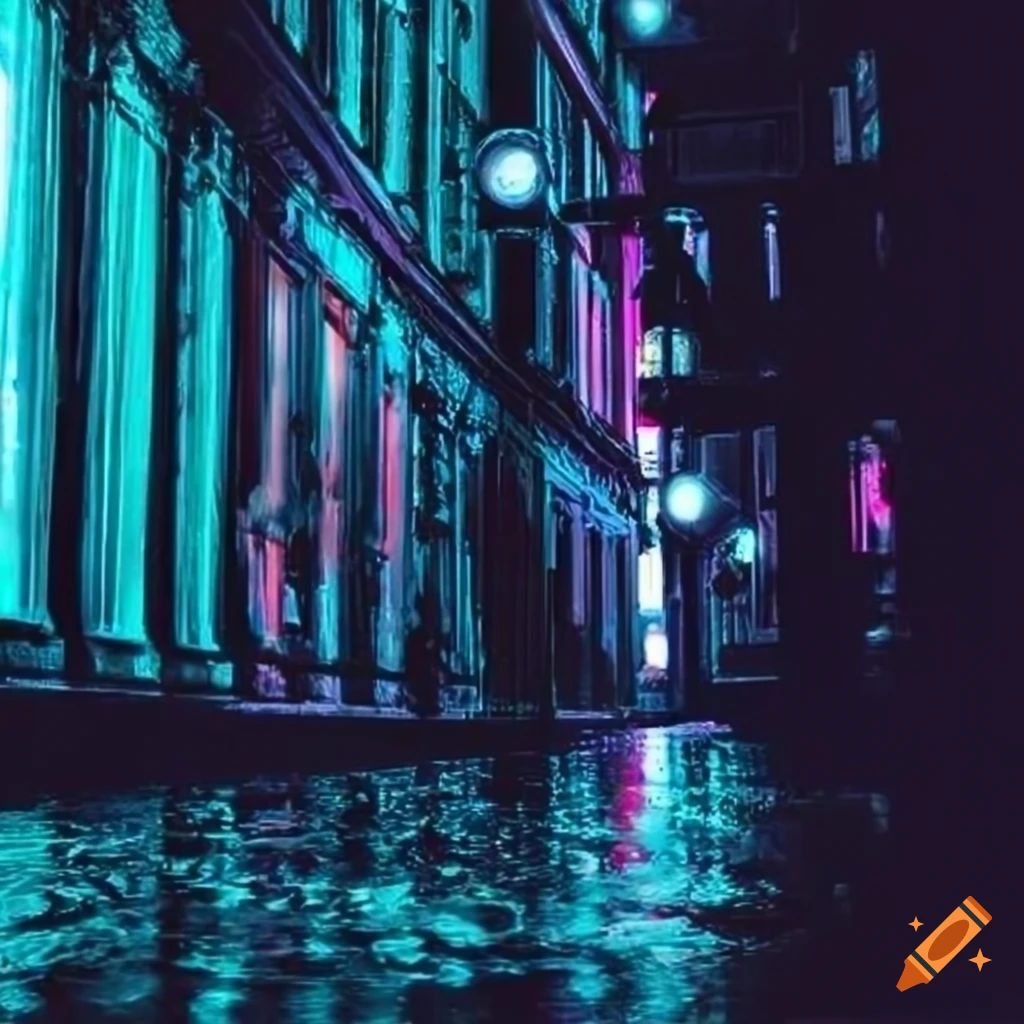 Gothpunk city with New England style architecture, dark neon lights ...