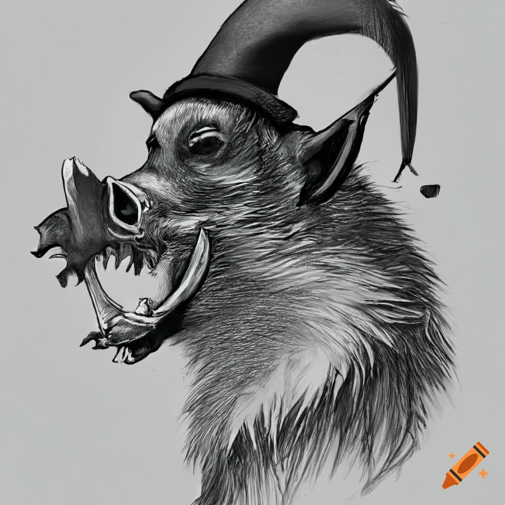 Stylized wild boar with a jester's hat in a side view on Craiyon