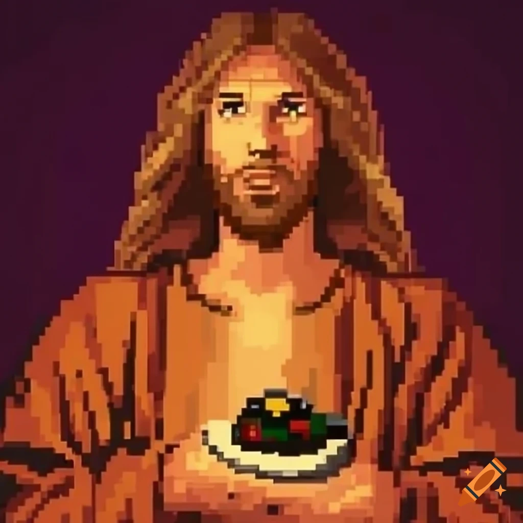 Jesus in 16-bit pixel art style in a video game screenshot on Craiyon