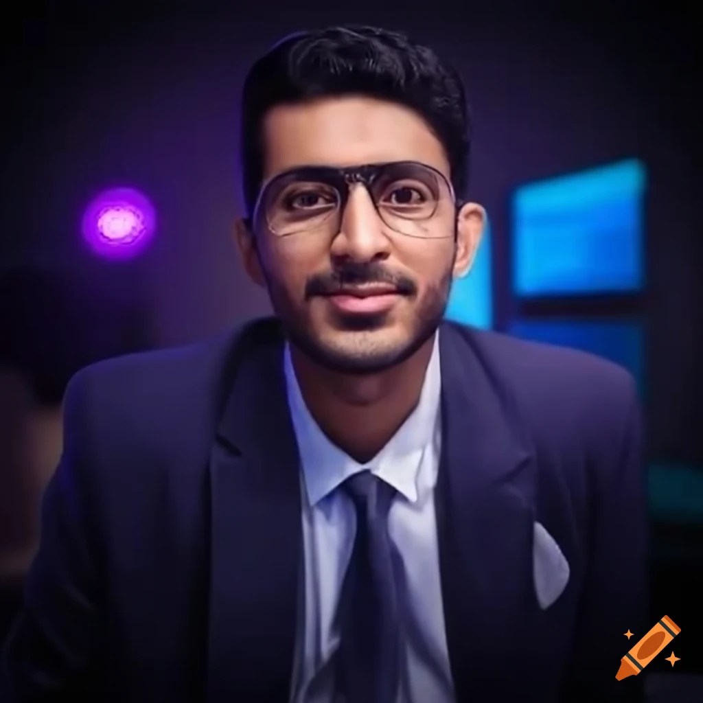 Smiling pakistani male news caster sitting behind a table with led ...