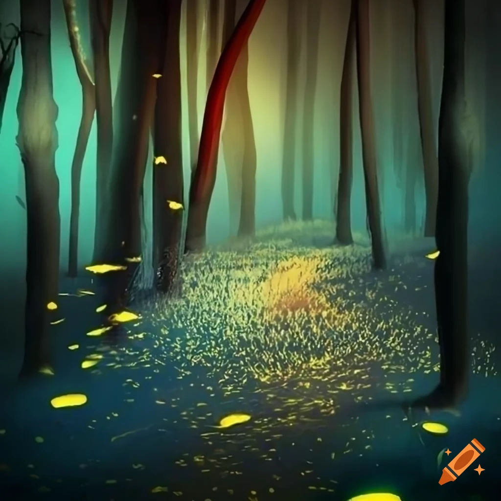 Realistic forest path lit by fireflies with glowing silver and gold ...