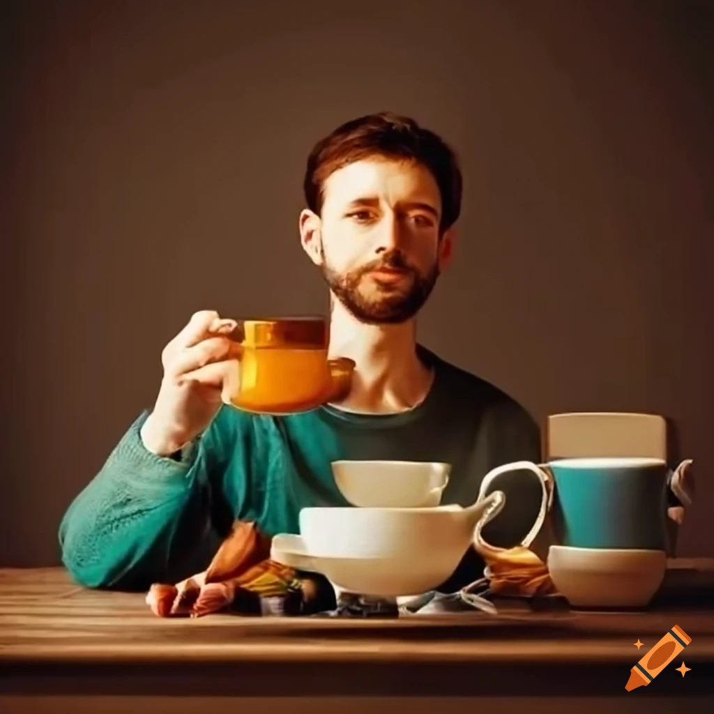 Man standing in front of a table with a variety of tea on Craiyon