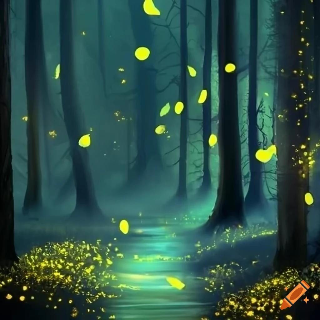 Path lit by fireflies through a glowing forest in photo-realistic ...