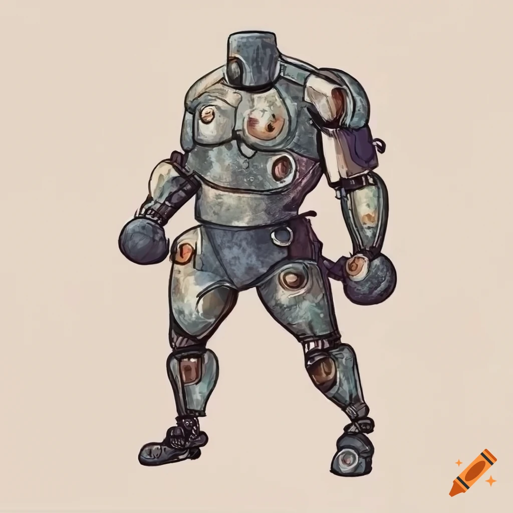 Silver robot boxer with spring arms dnd character portrait art on Craiyon