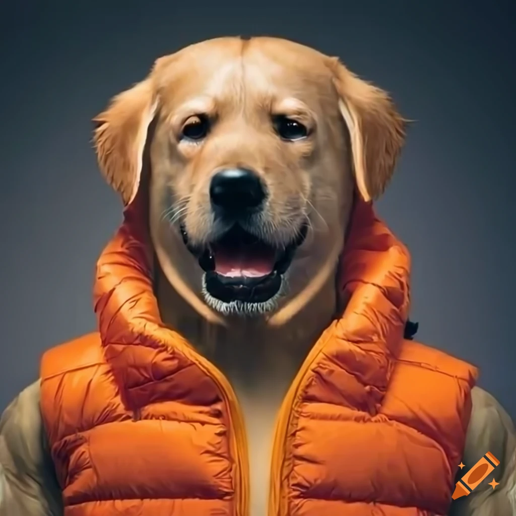 Humanoid golden retriever wearing an orange puffer vest on Craiyon